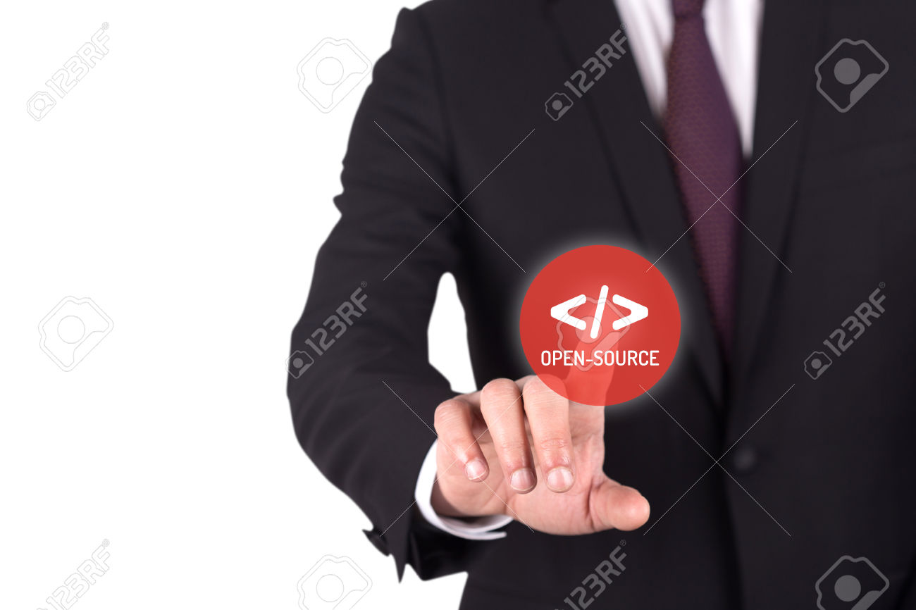 Hand pushing OPEN SOURCE button on interface touch screen - VoIP-One ...